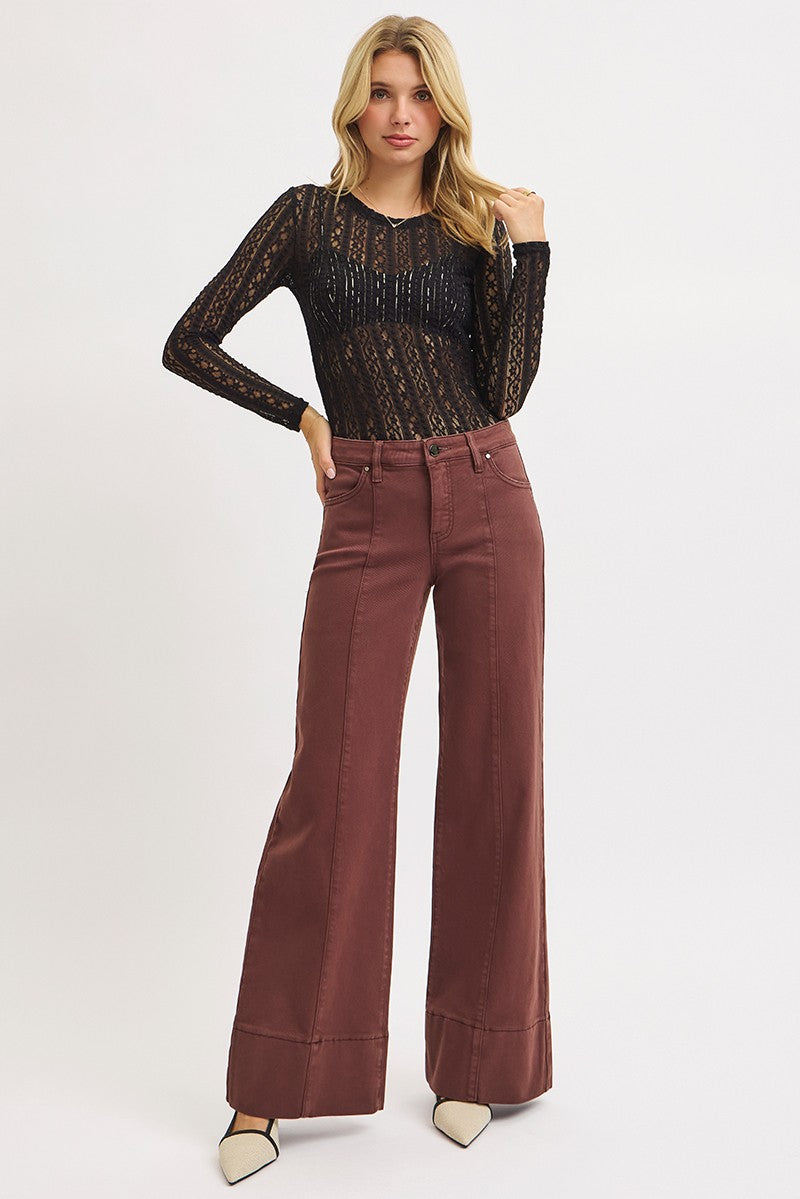 Risen Cocoa Mid Rise Wide Leg Jeans